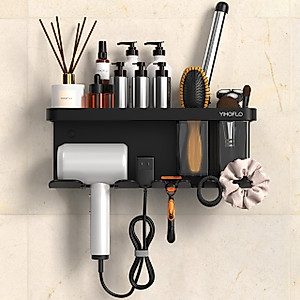 YIHOFLO Hair Dryer Holder Wall Mounted Adhesive/Drilling, Hair Dryer Storage Organizer with Shelf & Hooks. Hair Dryer Rack for Bathroom, Blow Dryer Holder, Hair Tool Organizer (Black)