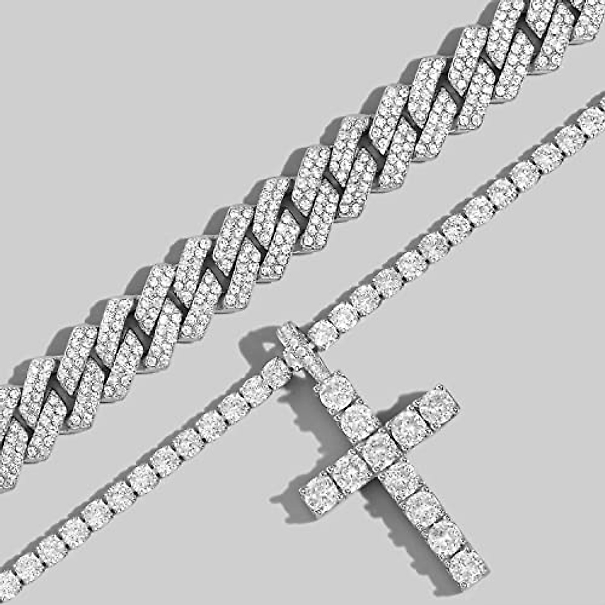 DLSIXNCO Cuban Link Chain for Men Women Cross Necklace for Men women Iced Chain Miami Cuban Link Chain Cross Pendant Diamond Chain for Men Boys Religious Jewelry Gift (Silver, 16"+18")