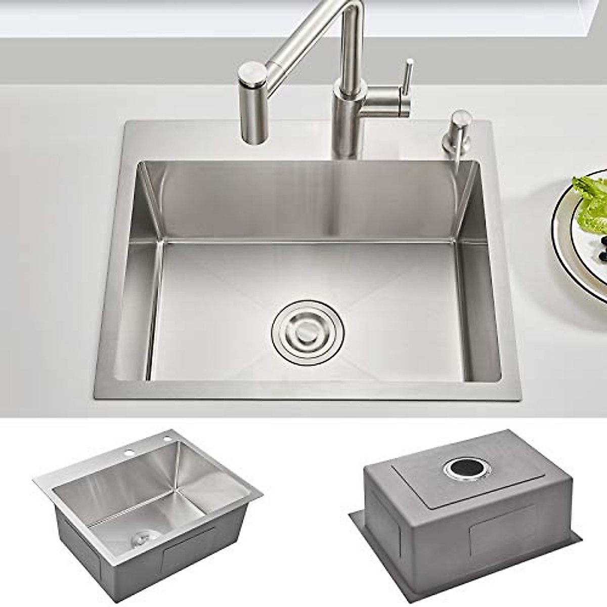 ROVOGO 24 x 18 inches Drop-in Kitchen Sink Single Bowl with 2 Holes, 304 Stainless Steel Handmade Residential Sink Brushed