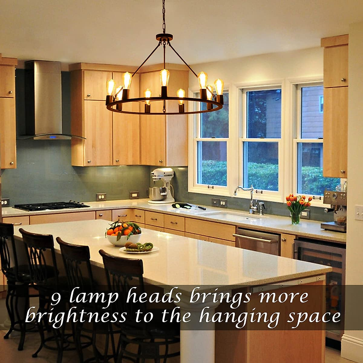 Senyshilon Wagon Wheel Chandelier 9-Light Farmhouse Chandelier, Dia 32'' Industrial Pendant Light Fixture, Black Matte Modern Chandeliers for Dining Room Kitchen Island Bedroom Living Room Foyer