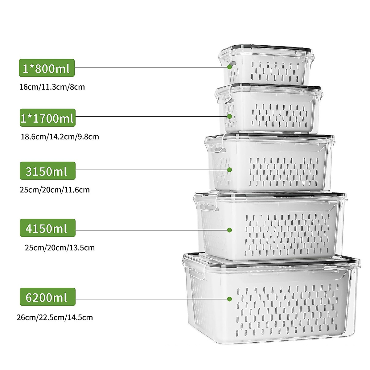 TFMODBFA 5 PCS Fruit Storage Containers for Fridge,Produce Storage Saver Containers with Removable Drain Colander&Airtight Lid, Food Grade Freezer Seal, Keeps Fruit Fresh for Long Time