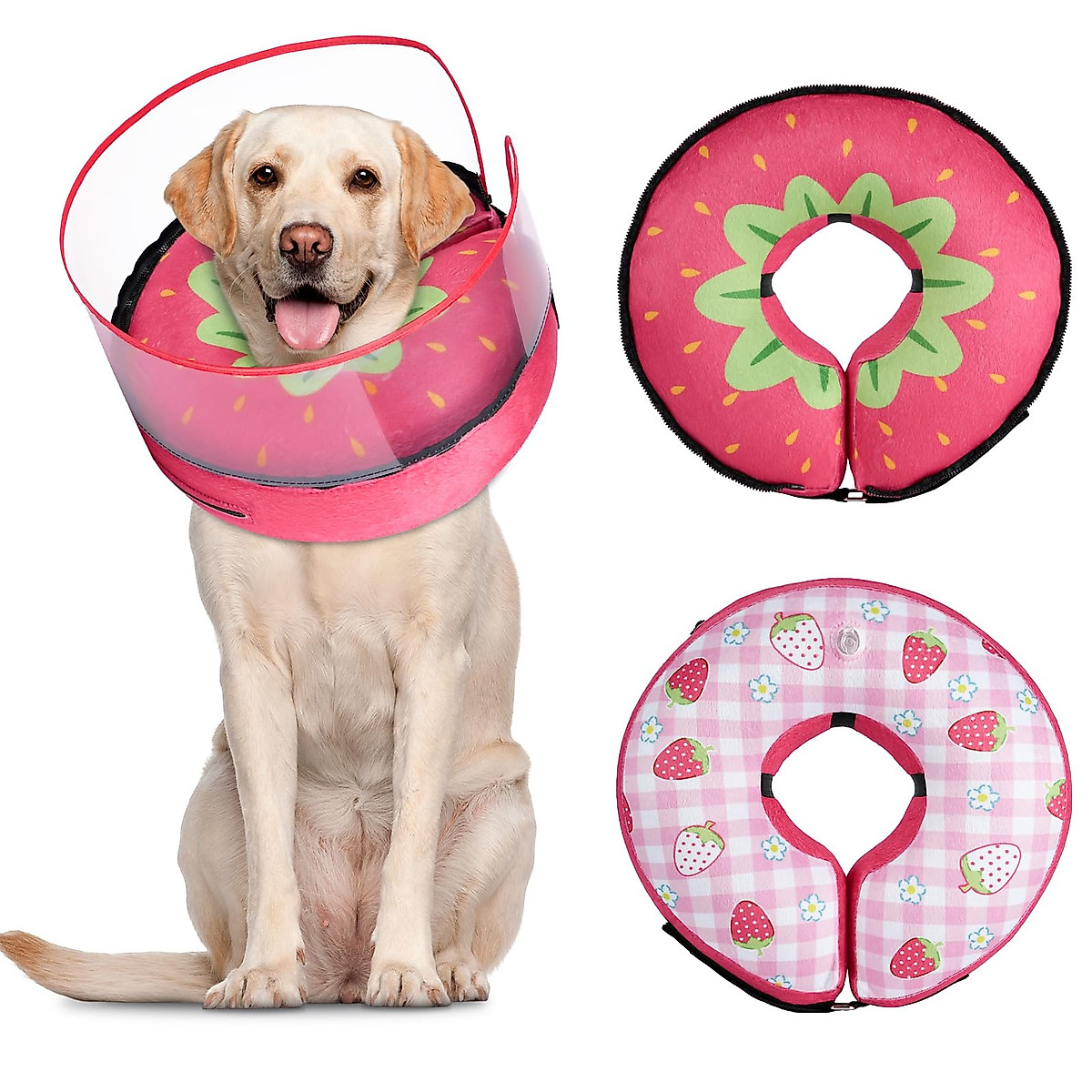 ipetstation Dog Cone Collar for Small Medium Large Dogs Cats for After Surgery, Pet Inflatable Neck Donut Strawberry Collar Soft Protective Recovery Cone (Red, M)