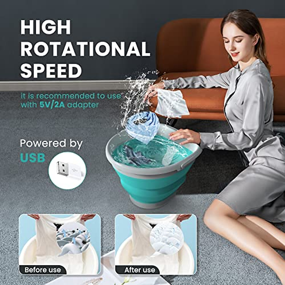 Portable Mini Washing Machine, Automatic Foldable Laundry Bucket,【2023 Upgrade Version】 Portable Ultrasonic Turbo Washer by for Socks Underwear, Travel Business Trip or College Rooms