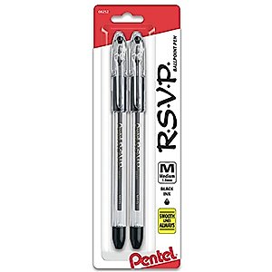 Pentel R.S.V.P. Ballpoint Pen, Medium Line, Black Ink, 2 Pack (BK91BP2A)