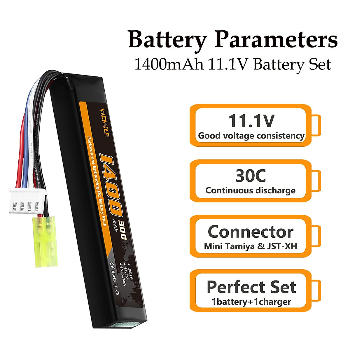 VICMILE Airsoft Battery 11.1V 1400mAh Lipo Battery with Tamiya Plug 30C High Discharge Rate Rechargeable 3S Lipo Battery for Airsoft Model Guns