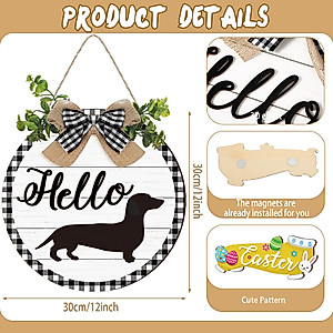 Glenmal 16 Pcs Seasonal Interchangeable Dachshund Door Decor Cute Replaceable Easter Welcome Sign Seasonal Farmhouse Front Door Signs Wood Home Sign(White with Plaid Frame)