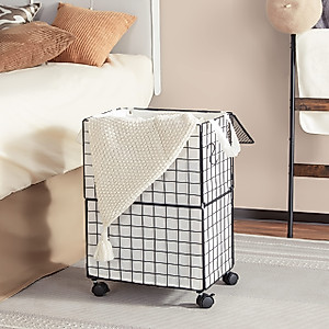 ELYKEN 2 Pack Laundry Hamper with Lid and Wheel, Rolling Metal Wire Frame Dirty Clothes Basket for Small Bathroom, 61L Capacity Liner Bag with Handle, Heavy Duty Steel Cover Bedroom Organizer White