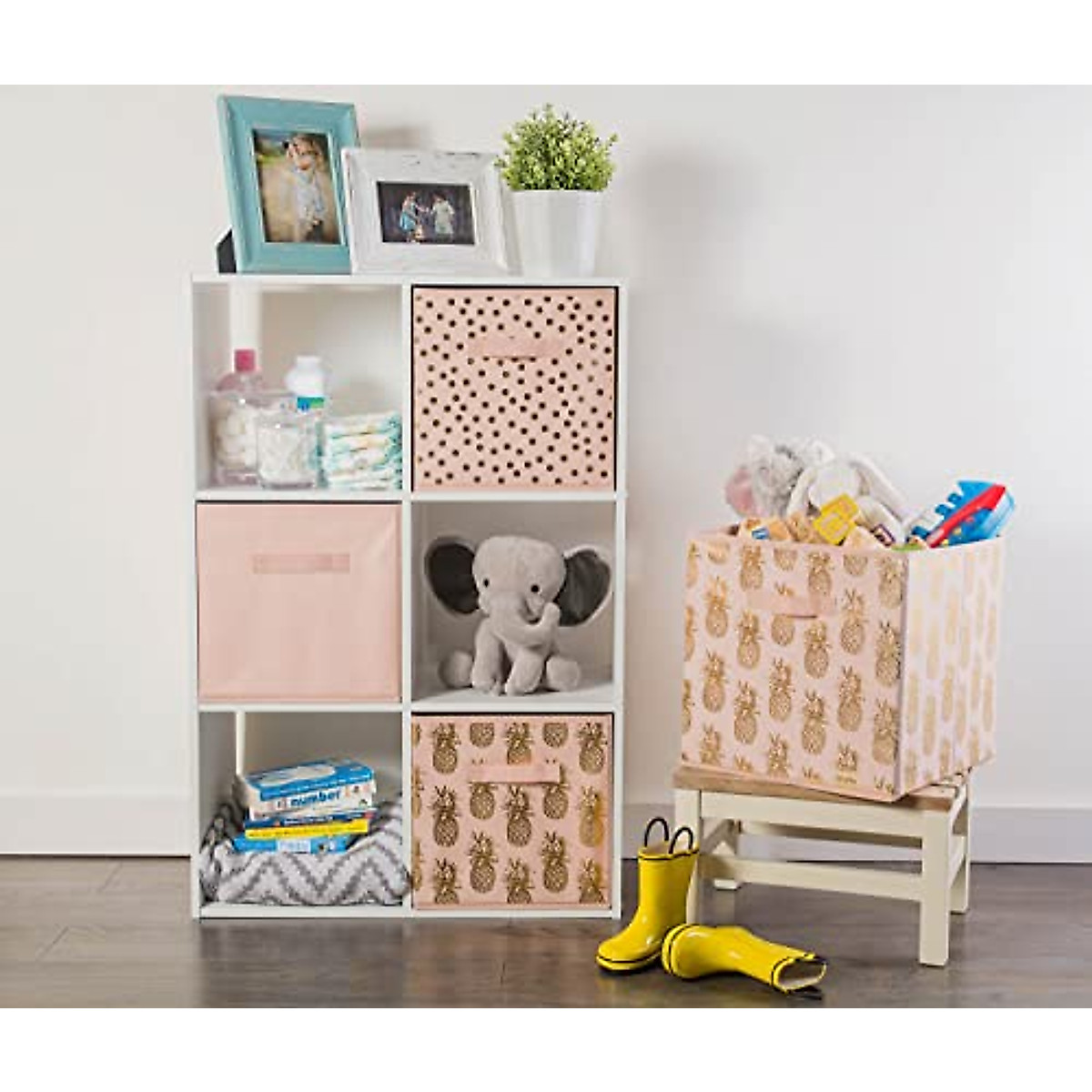 DII Non Woven Storage Collection Polka Dot Collapsible Bin Small Set, 11x11x11" Cube, Pink & Gold, 4 Piece