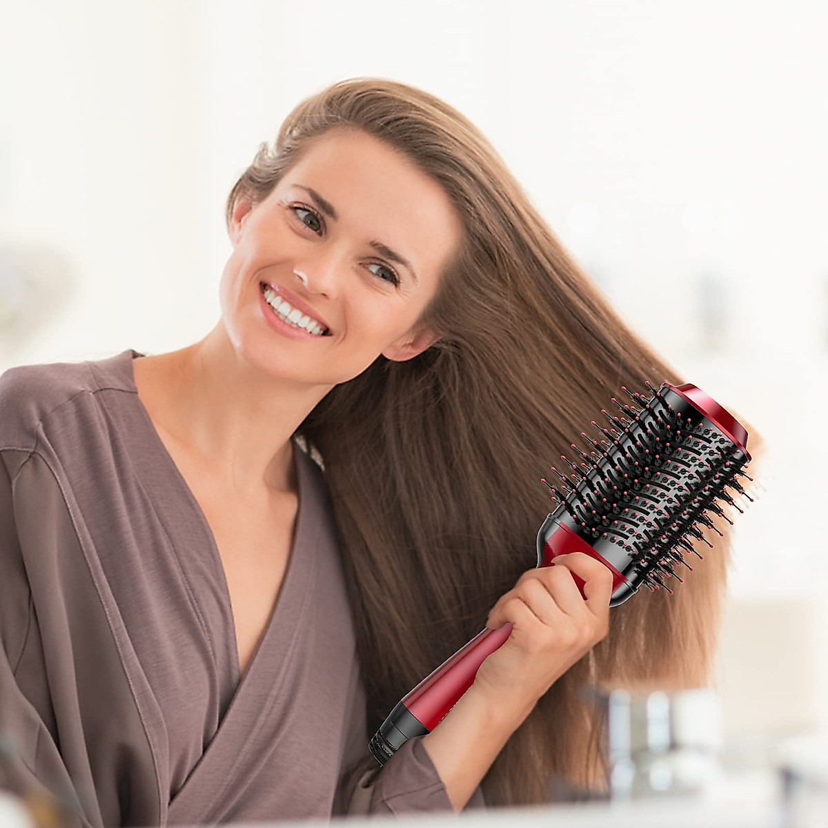 Beautimeter Hot Air Brush, 2-in-1 Volumizing Hair Dryer Brush, Negative Ion Blow Dryer Comb, Salon Hair Styler Brush for Hair Straightening and Curling, Red