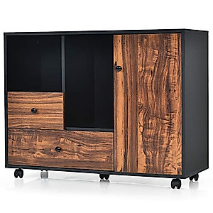 Giantex Mobile Filing Cabinet 2 Drawers, Large Storage Cabinet, Printer Stand on Wheels, Wood Lateral Industrial File Organizer with Open Shelves for Home and Office Use(Black+Brown, 4 Wheels)