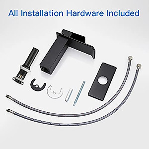BWE Black Bathroom Faucet Modern Waterfall Matte Black Bathroom Sink Faucet Single Hole with Pop Up Drain Parts Spout Bath Lavatory Vanity Stopper Overflow and Supply Hose Single Handle