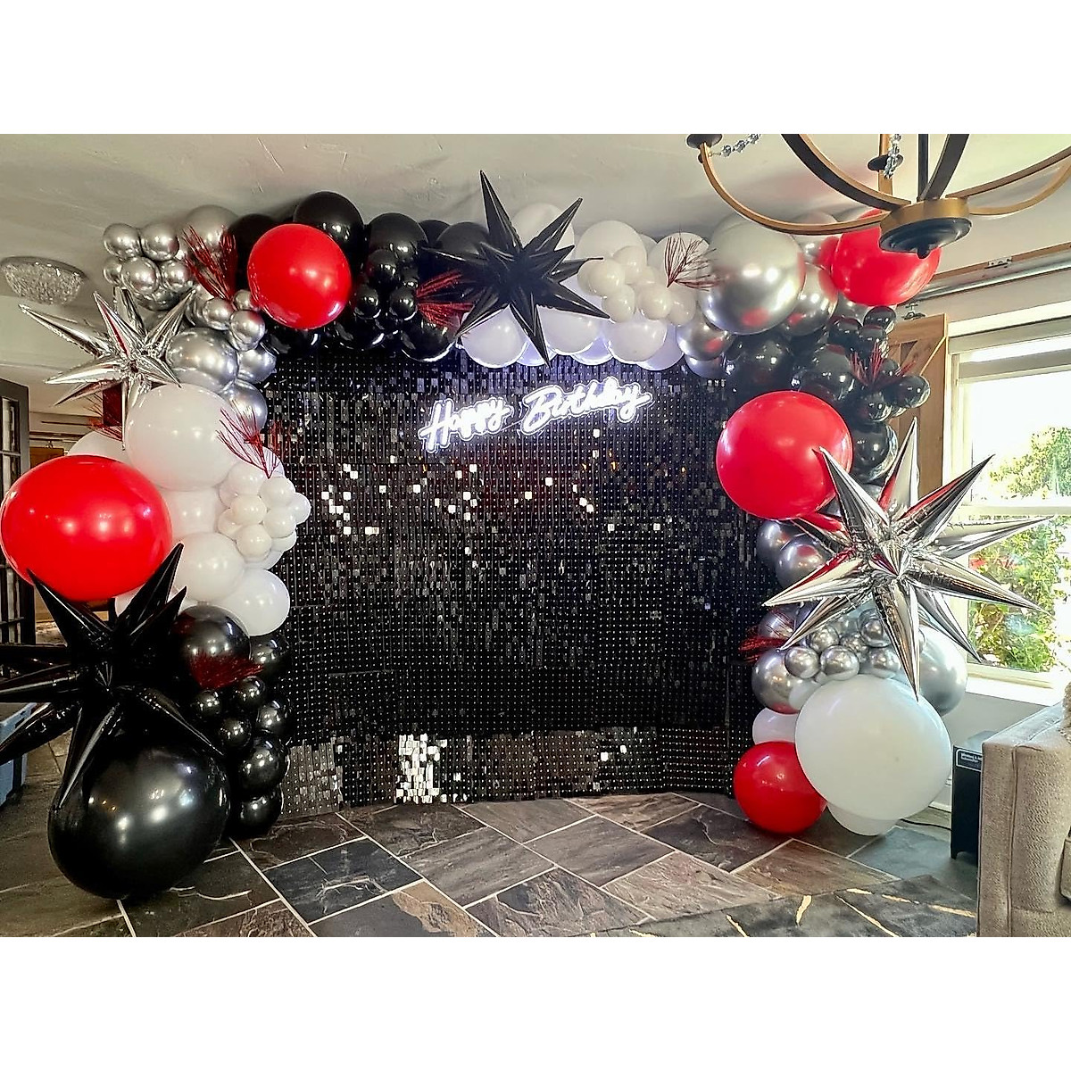 ADOINBY Red Black and White Balloon Arch Kit, 201Pcs Explosion Star Red Black White Silver Latex Balloon Garland kit, Different Size Balloons for Anniversary Birthday Racing Car Poker Party Decoration