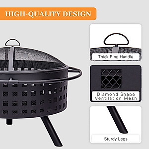 Vipush Fire Pit 30" Wood Burning Portable Outdoor Fire Pits - Large Steel BBQ Grill Fire Bowl with Spark Screen for Outside Patio ​Fire Poker Steel Round Fireplace for Camping Bonfire Beach Backyard