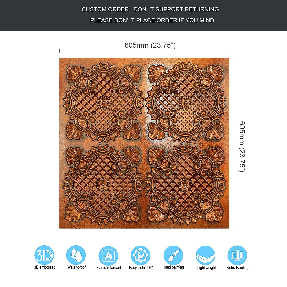 PAINTSDECOR Faux Plastic Ceiling Tiles Peel and Stick Tin Ceiling Tiles Distressed for Cafe Club Salon Hotel Store Bar 2'x2' PL80 Archaic Copper 10pcs