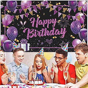 Purple Happy Birthday Banner Purple Black Gold Birthday Party Decorations Large Purple Birthday Sign Shiny Purple Black Birthday Backdrop Photo Booth Background for Women Girls 71 x 44Inch