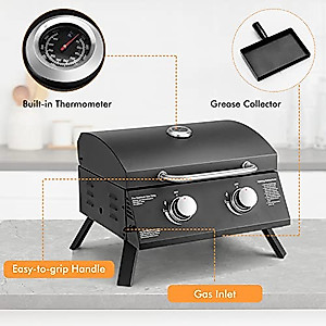 Giantex Portable Gas Grill, 2 Burners Max. 20,000 BTUs total, Tabletop Propane Grill with Built-in Thermometer, Folding Legs, Grease Collector, Camping Gas Grill for Out Cooking Picnic RV BBQ, Black