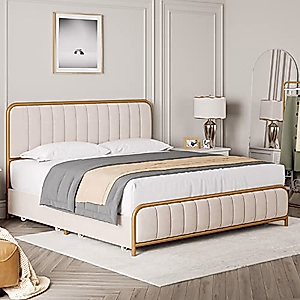 HITHOS Upholstered Full Size Bed Frame with 4 Storage Drawers and Headboard, Heavy Duty Metal Mattress Foundation with Wooden Slats, Easy Assembly, No Box Spring Needed (Golden/Off White, Full)