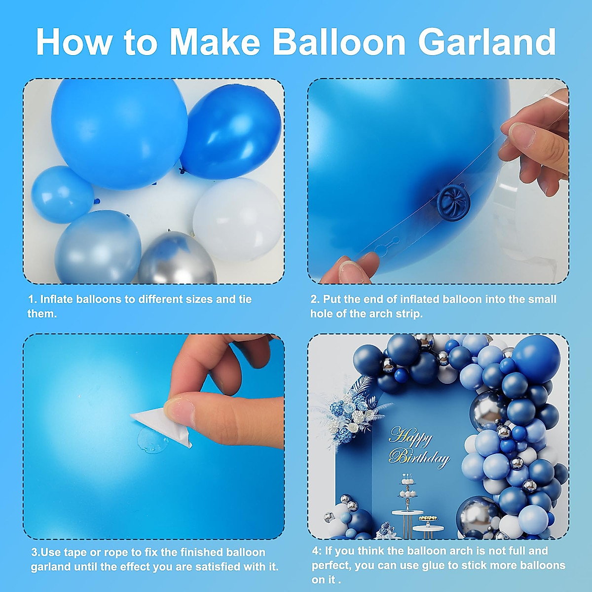 RUBFAC 144pcs Blue Balloons Arch Garland Kit, 18/12/10/5 Inch Blue White and Silver Party Balloons Silver Confetti Latex Balloons for Birthday Wedding Baby Shower Deorations