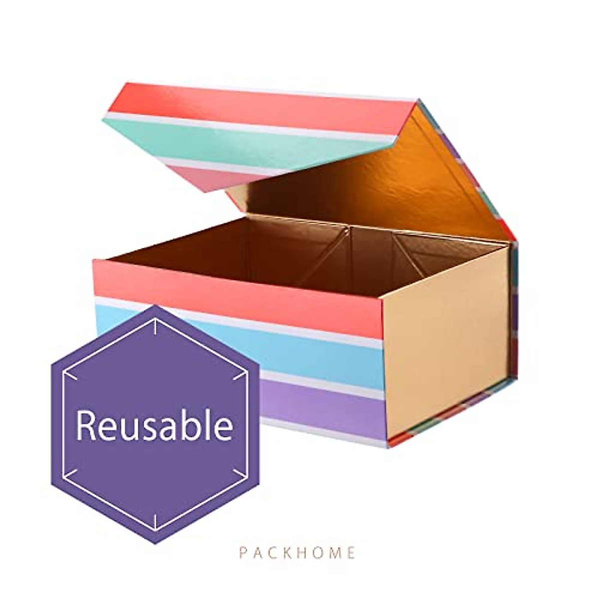 PACKHOME Gift Box 9x6.5x3.8 Inches, Bridesmaid Box, Stripes Gift Box, Rectangle Collapsible Box with Magnetic Lid for Gift Packaging (Glossy Multicolor)