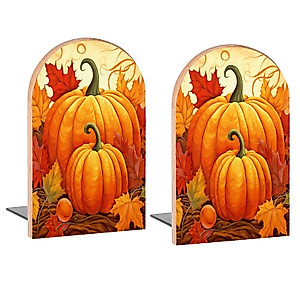 Pumpkin Autumn Harvest Book Ends Decorative Wood Bookends for Shelves Kids Room Desk Home Office Book Stoppers for Magazines,Books, DVDs, 1 Pair/2 Pieces(5x3.1 in)