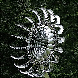 Magical Metal Windmill, 3D Wind Spinners, Windmills Wind Spinner for Yard and Garden, Wind Catchers Metal Outdoor Patio Decoration (Round-Sliver)