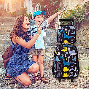 3PCS Kids Rolling Backpack, Boys Roller Wheels Bookbag, Wheeled School Bag with Lunch Bag - Dinosaur