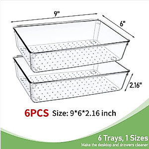 6 Pack Drawer Organizers, Plastic Clear Acrylic Non Slip Non Cracking kitchen drawer organizer Stackable Bathroom Drawer Organizer Trays, Storage Bins for Makeup, Bathroom, Kitchen Office