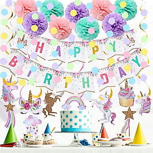Unicorn Birthday Decorations, Happy Birthday Banner,9pcs Tissue Paper Pom Poms,10pcs Hanging Swirls,Macaron Circle Dots Garland for Unicorn Party Decorations, Girls Birthday Party Decorations