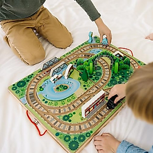 Melissa & Doug 17-Piece Wooden Take-Along Tabletop Railroad, 3 Trains, Truck, Play Pieces, Bridge - FSC Certified
