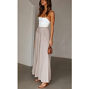 Watashi Women's Wide Leg High Waisted Pants Palazzo Elastic Flowy Loose Culotte Trouser(Apricot-XL)