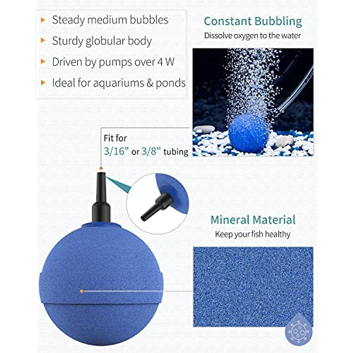 Pawfly Aquarium Air Stone Bubbler 2 Inch Ball-Shape Bubble Release Tool Oxygen Diffuser for Air Pumps Fish Tanks Buckets Ponds and DWC Reservoirs, 4 Pack