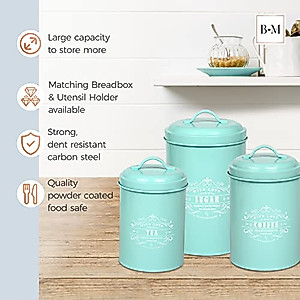 Baie Maison Large Turquoise Farmhouse Canister Sets for Kitchen Counter Airtight - Set of 3 Rustic Coffee, Sugar Tea Storage Containers - Teal Decor Jars - Vintage Kitchen Canisters Set for Countertop