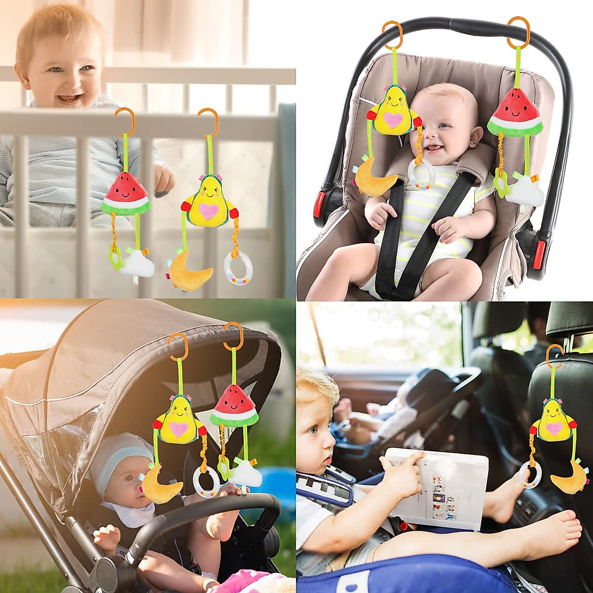 2PCS Soft Plush Hanging Stroller Toys with Teether and Rattles,Newborn Stroller Car Seat Crib Toys Colorful Fruits Sensory Early Development Toy for 0-12 Months Toddlers