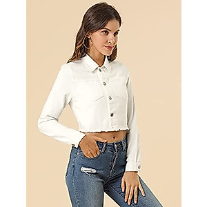 Allegra K Women's Jean Jacket Frayed Button Up Washed Cropped Denim Jacket Medium White