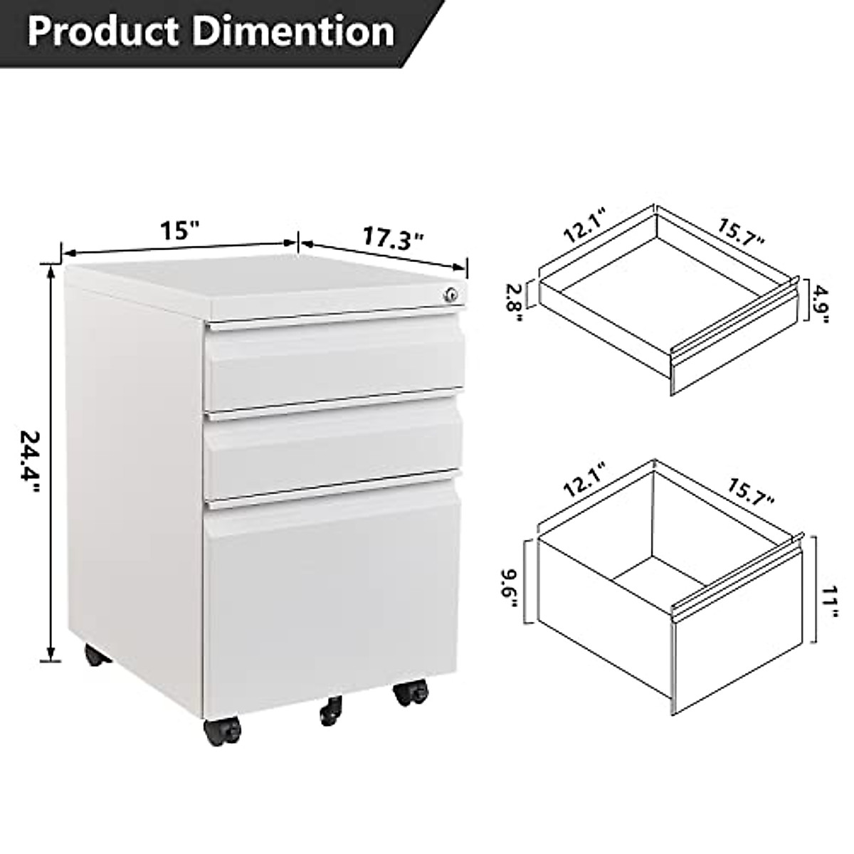 LISSIMO 3 Drawer Mobile File Cabinet with Lock,Under Desk Storage Cabinet for Home Office, Vertical Filing Cabinet Fits A4 or Letter Size (Unassembled, White)