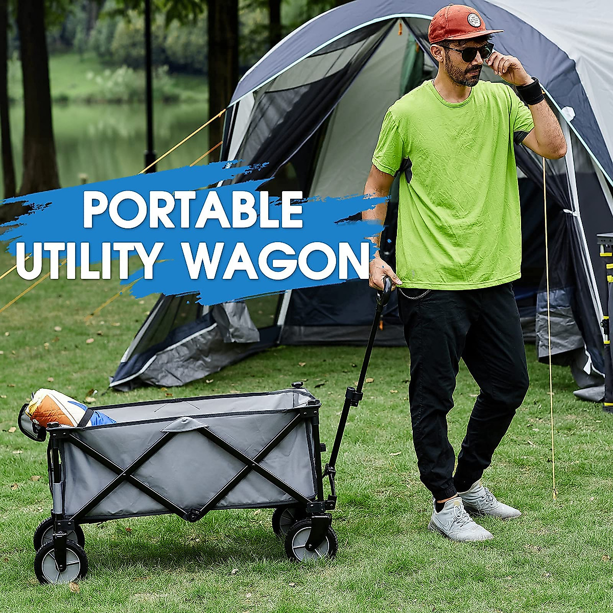 PORTAL Collapsible Wagon Cart, Heavy Duty Foldable Wagon Carts with Wheels, Folding Utility Wagon for Camping, Shopping, Garden, Sports, Apartment, Outdoor, Beach