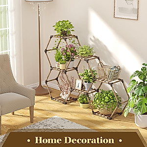 Tikea Plant Stand Indoor Outdoor Hexagonal Plant Stand for Multiple Plants Indoor Large Wooden Plant Shelf 7 Tiered Creative DIY Flowers Stand Rack for Living Room Balcony Patio Window