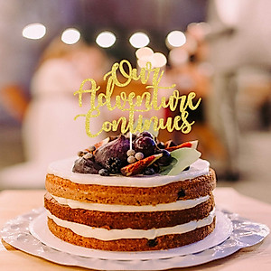 Glitter Gold Our Adventure Continues Cake Topper，Bridal Shower Cake Topper，Engagement Cake Topper，Wedding Anniversary Party Decor，Travel Themed Vow Renewal Decorartions