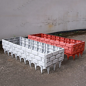 MEUMITY 4 PCS Garden Plastic Fence Edging,Imitation Stone Brick Plant Border Assemblable Plastic Faux Stone Patio Fence for Garden, Terrace, Balcony, Park, DIY(Red)