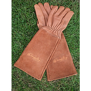 Rose Pruning Gloves for Men and Women - Thorn Proof Goatskin Leather Gardening Gloves with Gauntlet (Large, Brown)