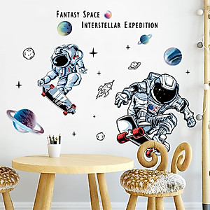VJSTALS DIY Cartoon Astronaut Wall Sticker Fantasy Interstellar Expedition Skateboard Outer Spaceman Wall Decals for Boys Girls Kids Room Playroom Decoration, 11.8 inches x35.4 inches
