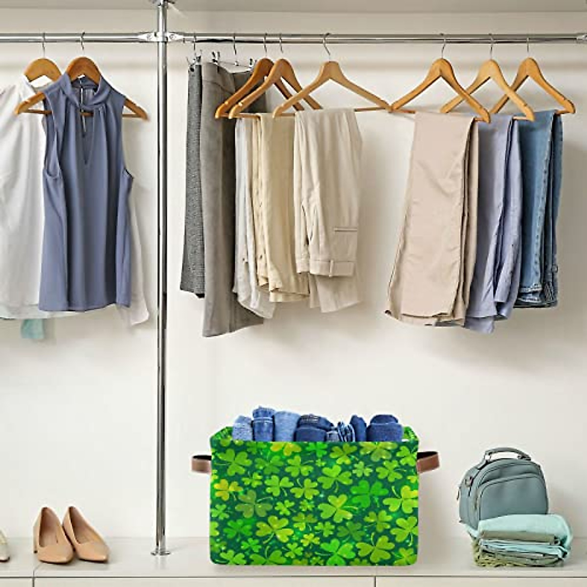 Green Clover St Patricks Day Storage Basket Trefoils Leaves Storage Organizer Box Bin Large Collapsible Cube Baskets with PU Handles for Shelf Closet Nursery Laundry 1 Pack