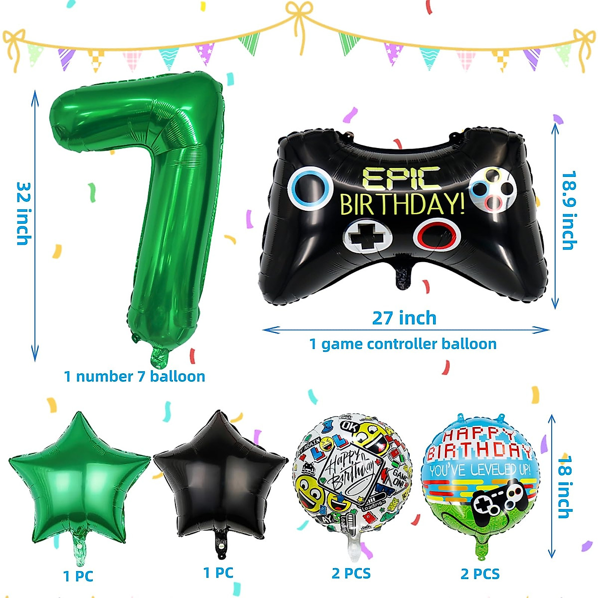 Video Game Party Balloons Include Game Controller Birthday Balloons Green Number 7 Foil Balloon Round Gaming Balloons Star Foil Balloons for Kids Boys 7th Birthday Decorations