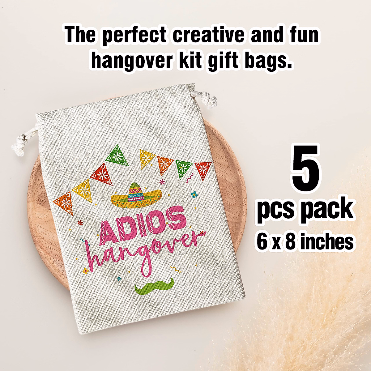 Hangover Kit Bags, Adios Hangovers With Drawstring Gift Bag, for Bridal Shower, Wedding, Travel, Bachelorette Party Survival Recovery Kit Bag, Decorations, Supplies (6"X 8") 5 Pcs -kit057