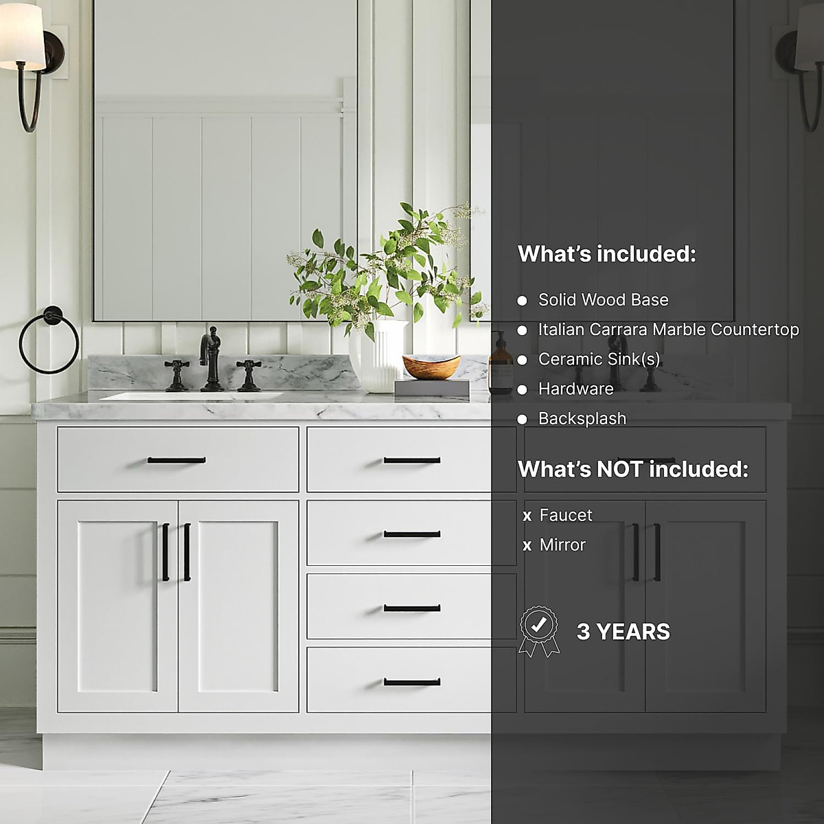 DKB Isabella Double Vanity 73" White with 1.5" Edge Italian Carrara Marble Countertop & Splash, Rectangular Sinks, 4 Soft Closing Doors, 6 Full Extension Dovetail Drawers, Toe Kick, Matte Black