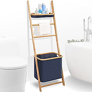 SerenelifeHome Wooden Bath Towel Ladder Rack with Drying Bar Storage Holder and Hamper Basket - Wall Leaning Decorative Blanket Throw Hanger Stand for Bathroom Floor Standing Modern Room Organizer