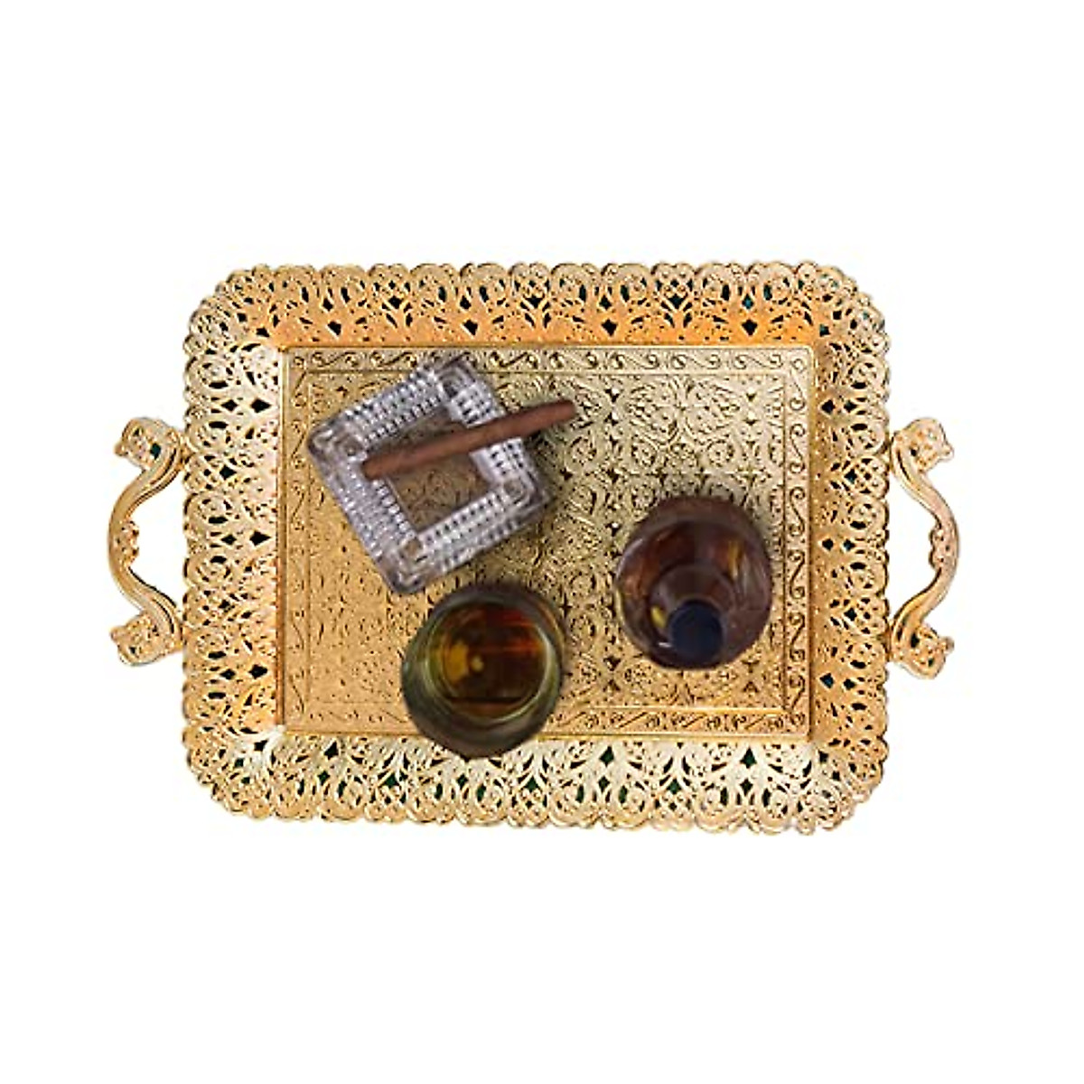 chancegift Turkish Tea Coffee Beverage Dinning Serving Tray with Handled Ottoman Motif Decorative Middle Table Drink Bathroom Rectangular Suitable for Gift (16.5x10.7x1 INC) 42x28x2cm Gold, (A2022)