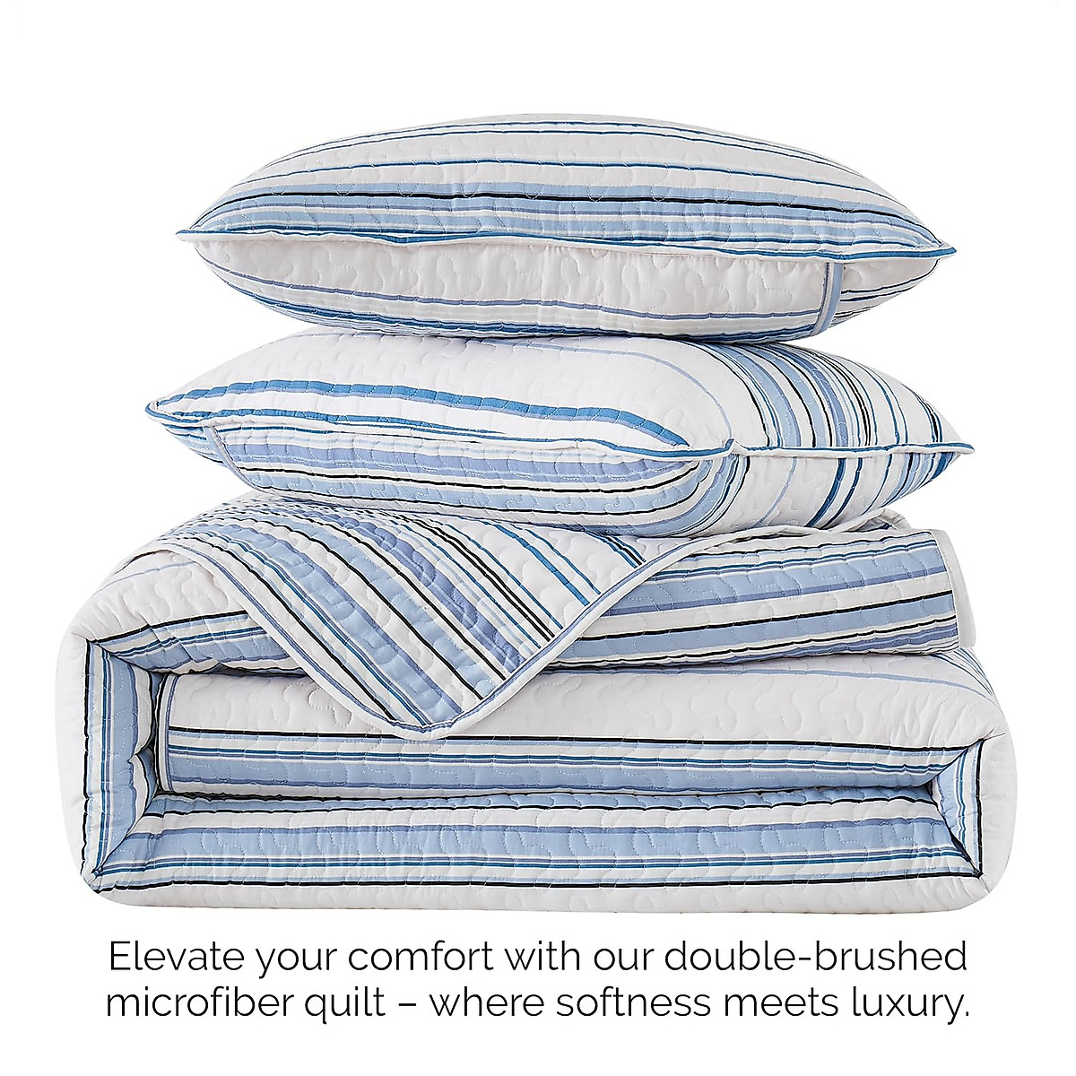 Southshore Fine Living, Inc. Oversized King Quilt Set, All Season Striped Blue Bedspread Set, 3-Piece Coastal Bedding, California/King Coverlet Sets with Shams, Soft Microfiber Quilt, Blue Stripes