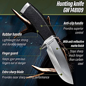 Hunting Knife with Sheath Survival Knives for Men - Best Tactical Camping Hunting Hiking Knife - Bushcraft Field Gear Accessories Tool - Fixed Blade Sharp Knofe with Rubber Handle for Men 148109