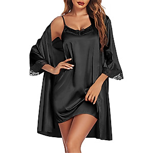 Ekouaer Sleepwear Women's Satin Nightgown with Robes Set 2 Piece Sexy Lace Cami Nightwear Black L